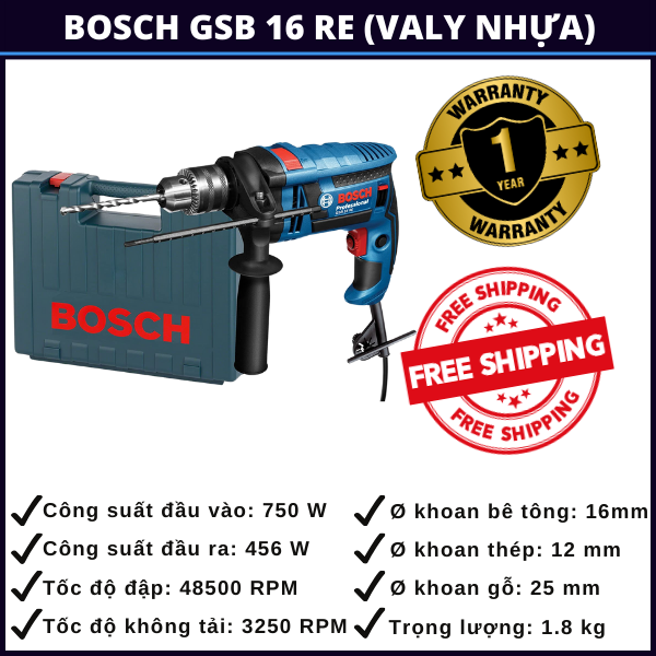 Máy khoan Bosch GSB 16 RE (Valy nhựa) | Máy khoan động lực Đức